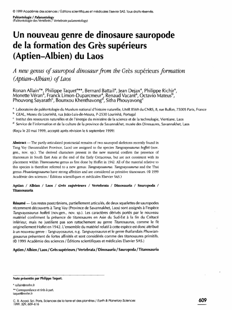Nouveau dinosaure : Tangvayosaurus hoffeti | PDF | Système squelettique ...