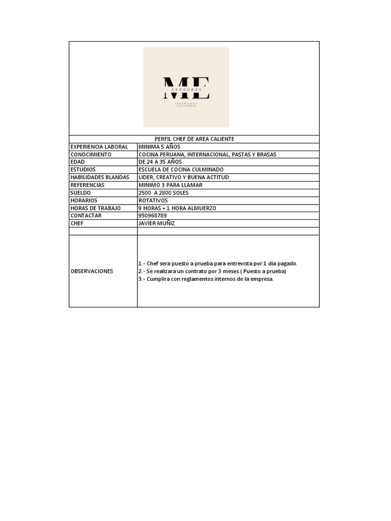 Solicitud de Chef Restaurante Maicelo Resto Bar | PDF