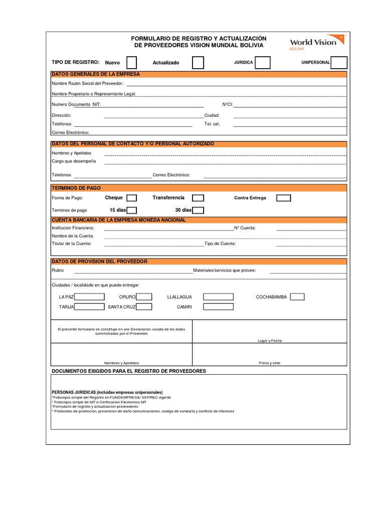 4.- Formulario de Registro y Actualizacion de Proveedores Vision Mundial Bolivia | PDF