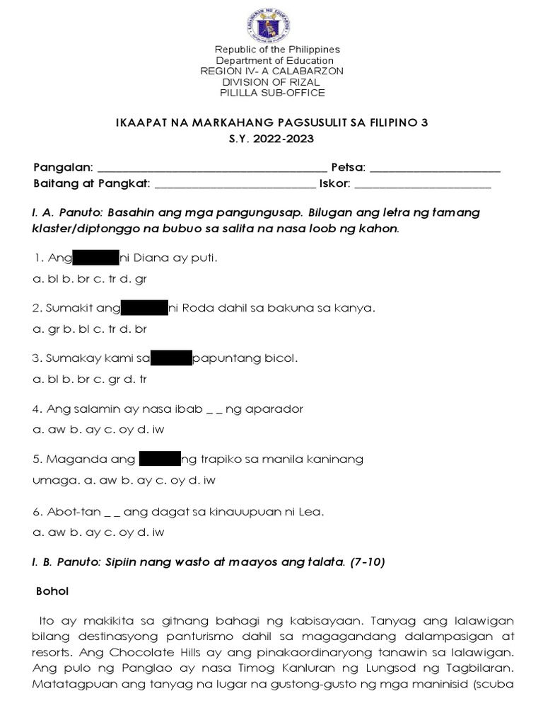 Filipino 3 Ikaapat Markahang Pagsusulit | PDF