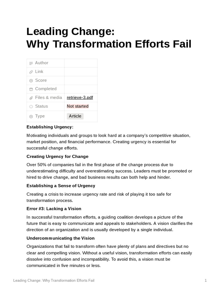 Leading Change Why Transformation Efforts Fail | PDF | Career & Growth ...