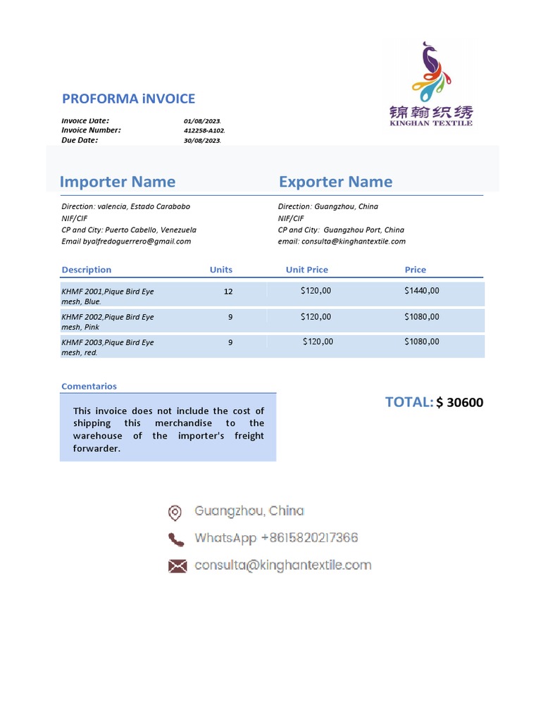 Invoice Proforma KINGHAN TEXTILE | PDF