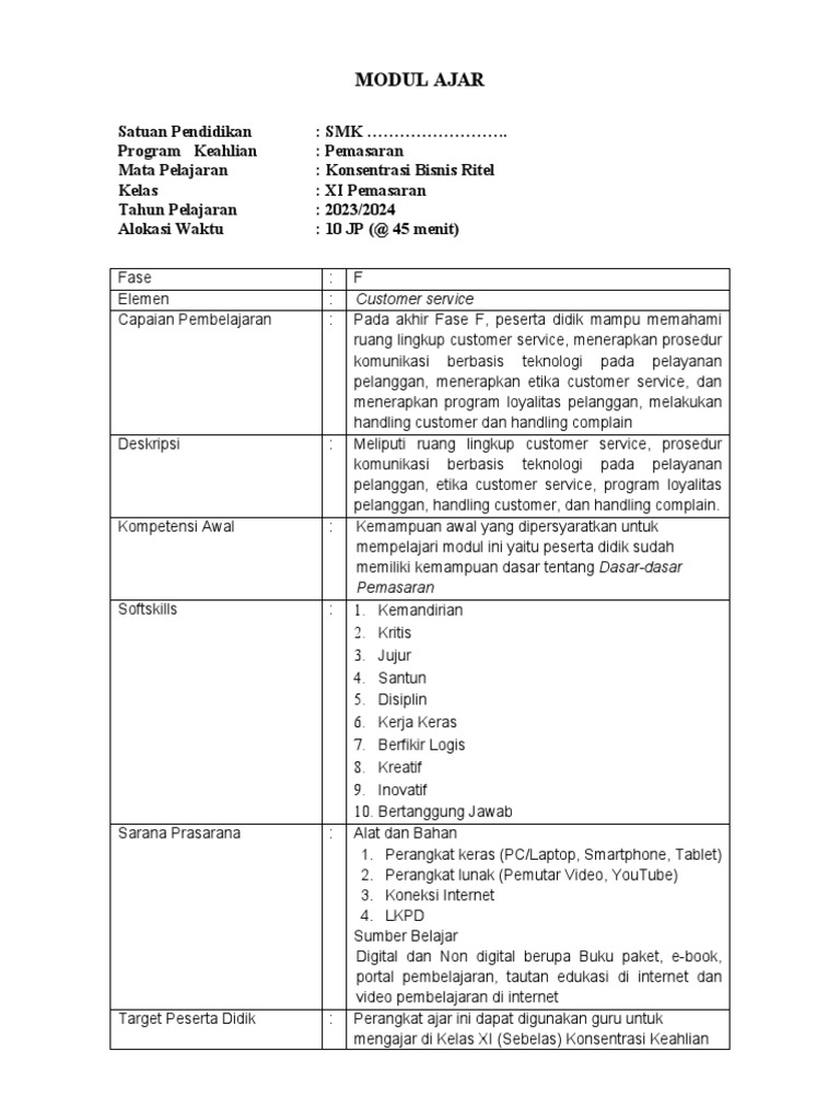 Modul Ajar Fase F BR 3.3 Excellent Service | PDF