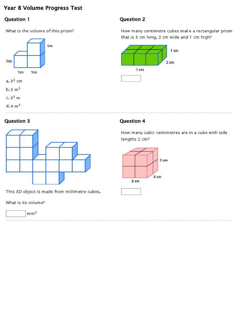 Year 8 Volume Topic Test | PDF | Volume | Area