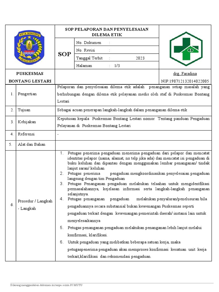 Sop Pelaporan Dan Penyelesaian Dilema Etik | PDF Sop Pelaporan Dan Penyelesaian Dilema Etik | PDF