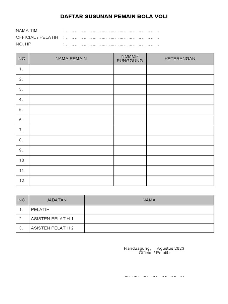 Daftar Susunan Pemain Bola Voli | PDF | Karier & Perkembangan | Olahraga & Rekreasi