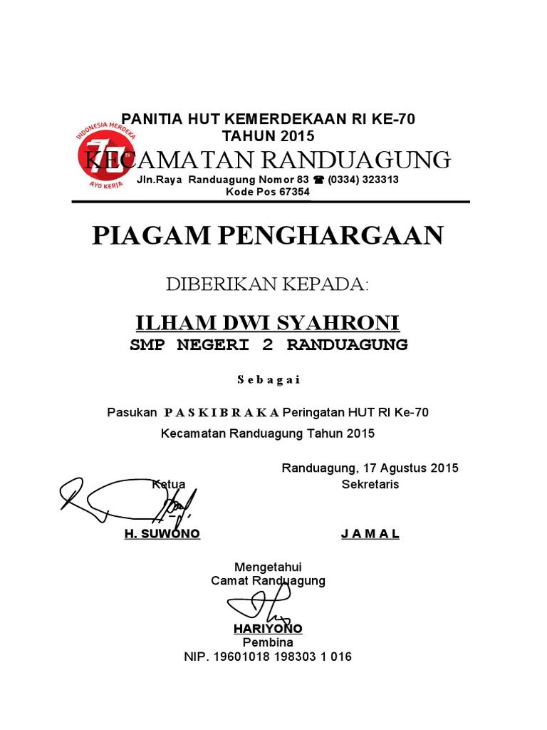 Contoh Piagam Penghargaan HUT RI | PDF