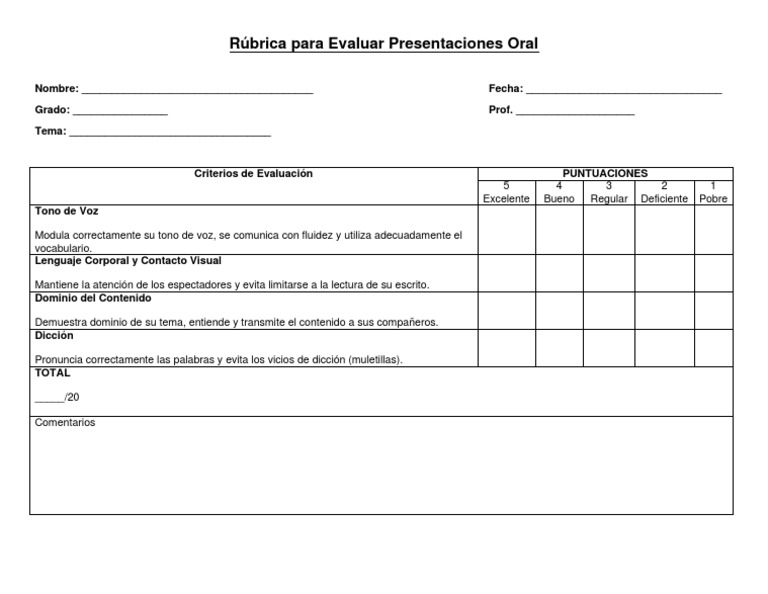 Rúbrica para Evaluar Presentaciones Oral | PDF