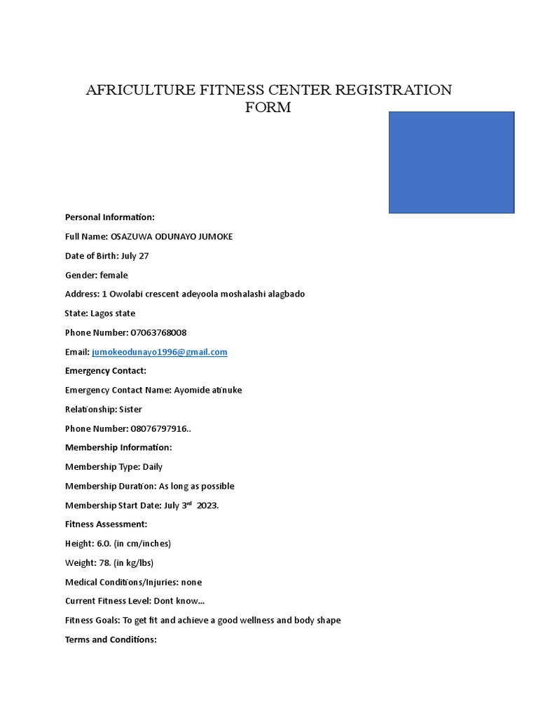 Africulture Fitness Center Registration Form | PDF