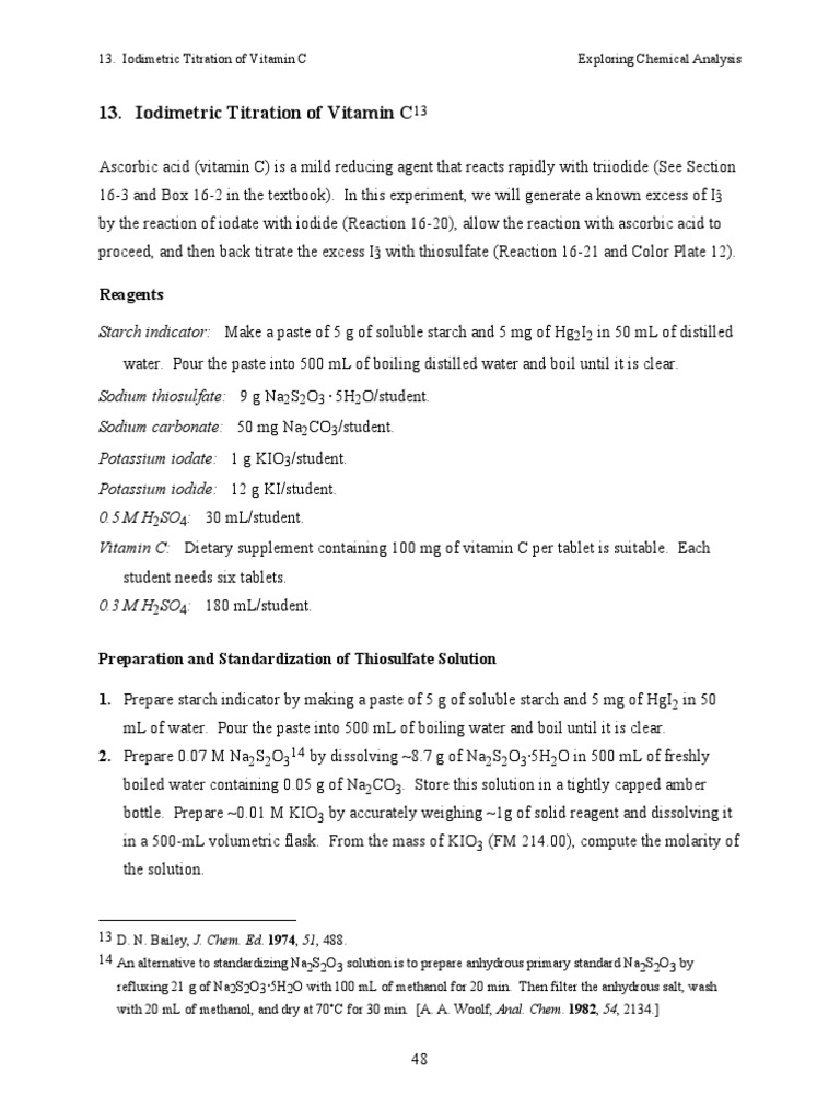 Iodimetric Titration of Vitamin C: Reagents | Download Free PDF | Titration | Chemistry