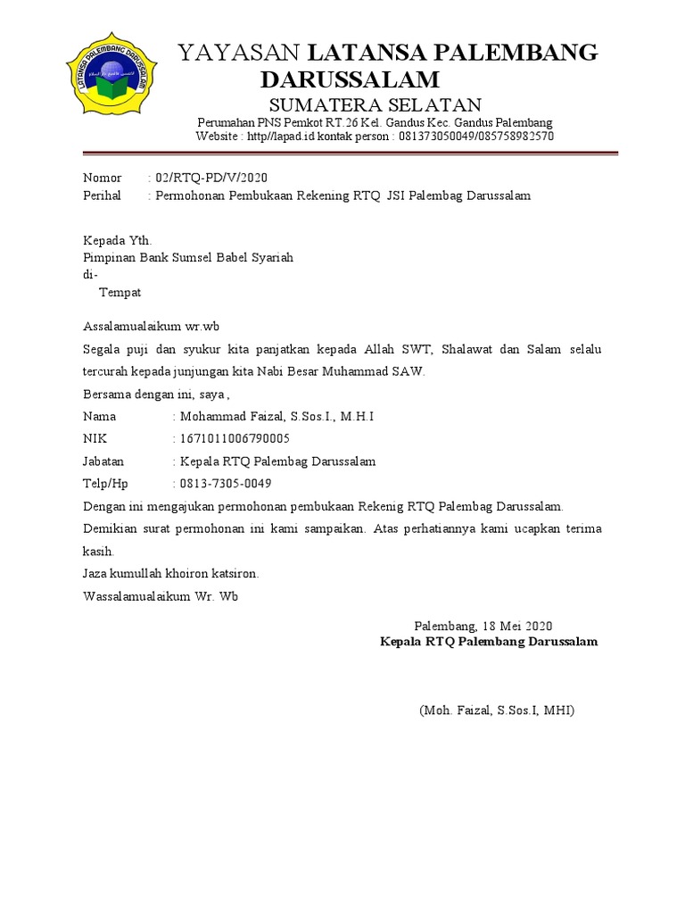 Permohonanpembuatan Rek RTQ | PDF