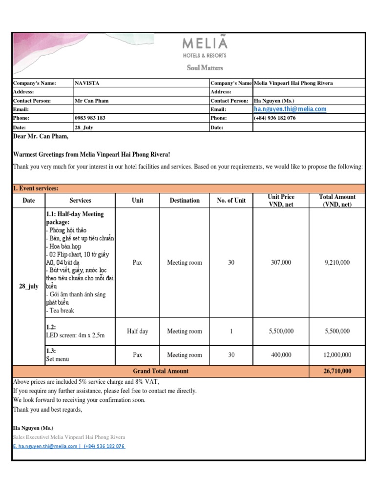 Event Quotation Sáng - Melia Hai Phong - NAVISTA - Sáng 28.07 - 30 Pax ...