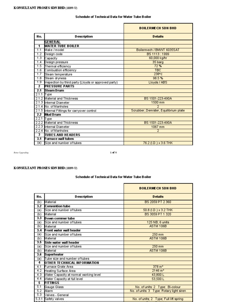 Schedule of Technical Data For Water Tube Boiler | PDF | Boiler | Valve