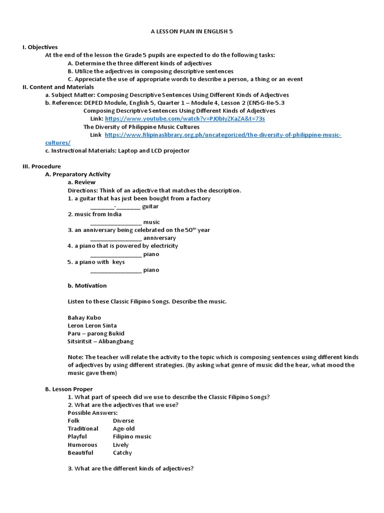 LESSON PLAN in ENGLISH 5 Composing Sentences Using Descriptive ...
