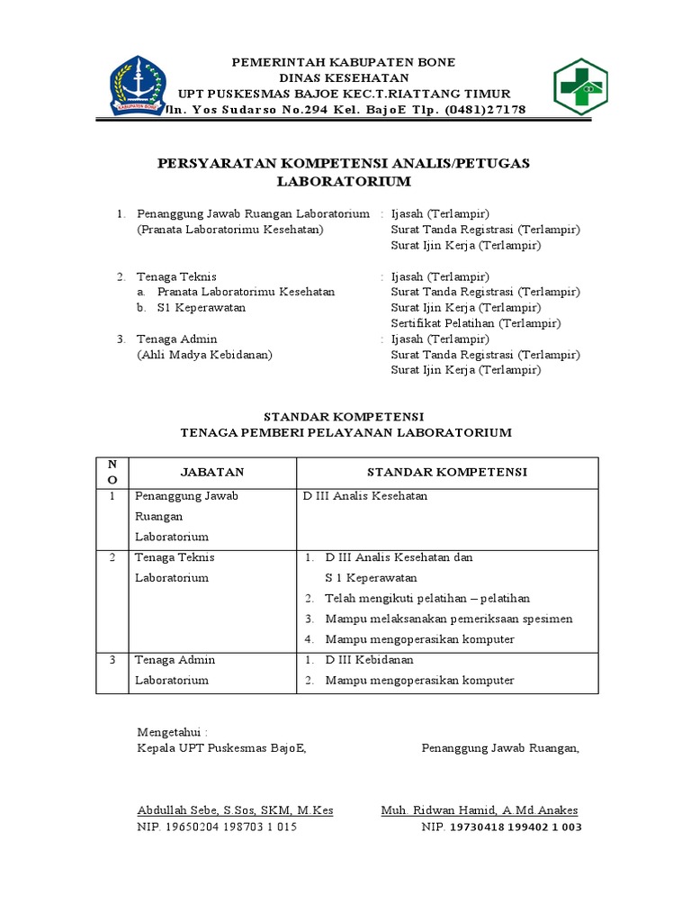 Standar Kompetensi Petugas Laboratorium | PDF