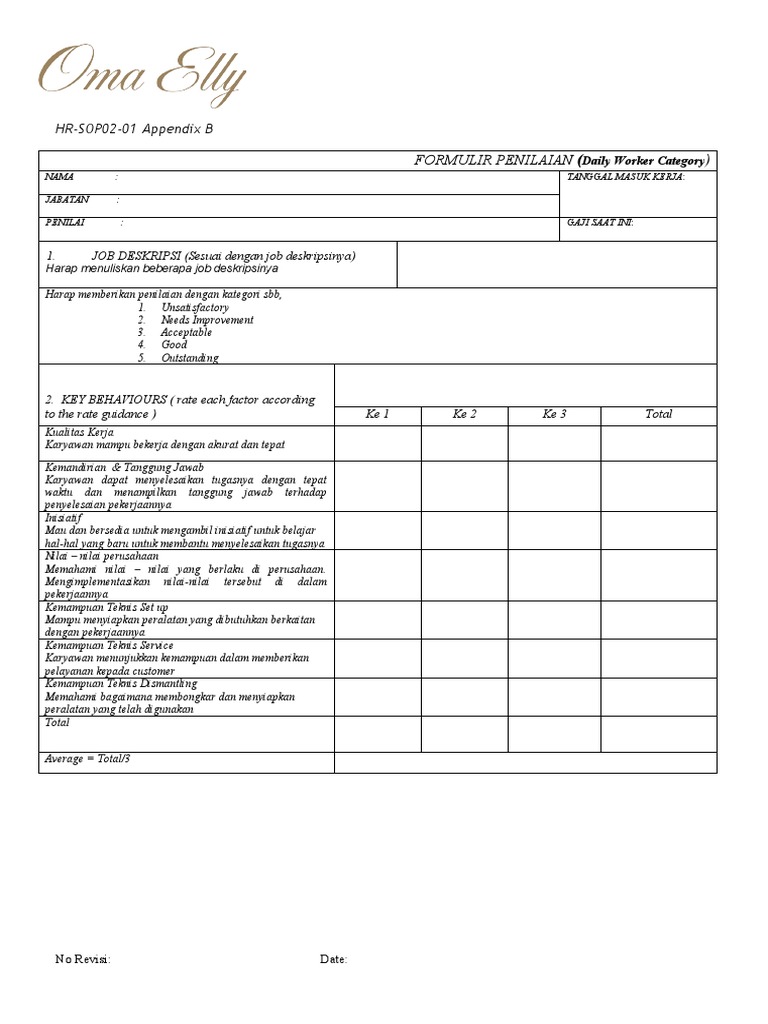 HR-SOP02-01 Appendix B-Penilaian Daily Worker | PDF