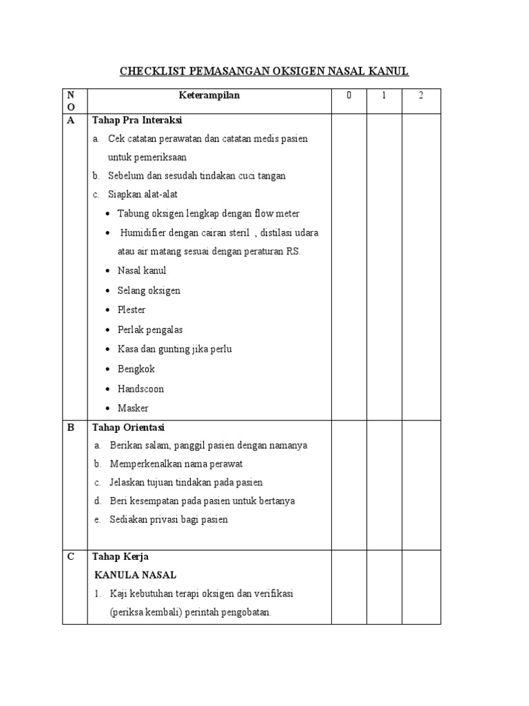 Ceklist Oksigenasi | PDF