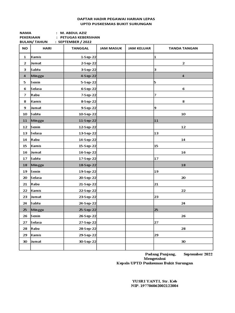Daftar Hadir Petugas HARIAN | PDF
