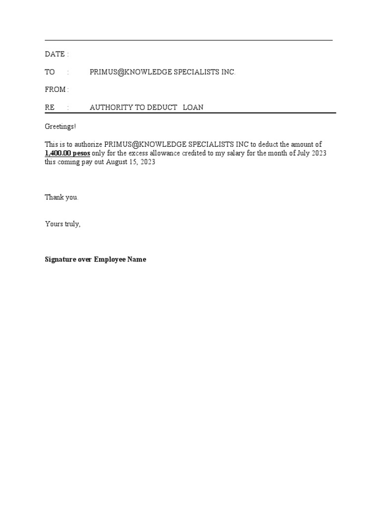 Authority To Deduct - Excess Allowance Designer - 1 | PDF