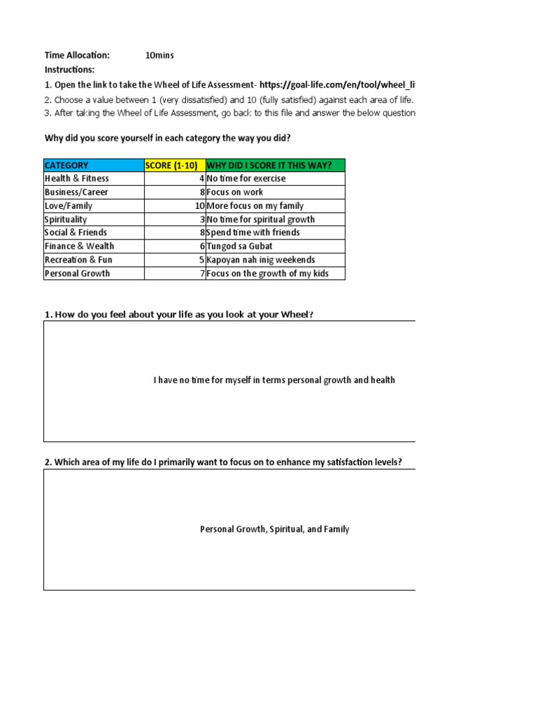Wheel of Life - Self Assessment | PDF