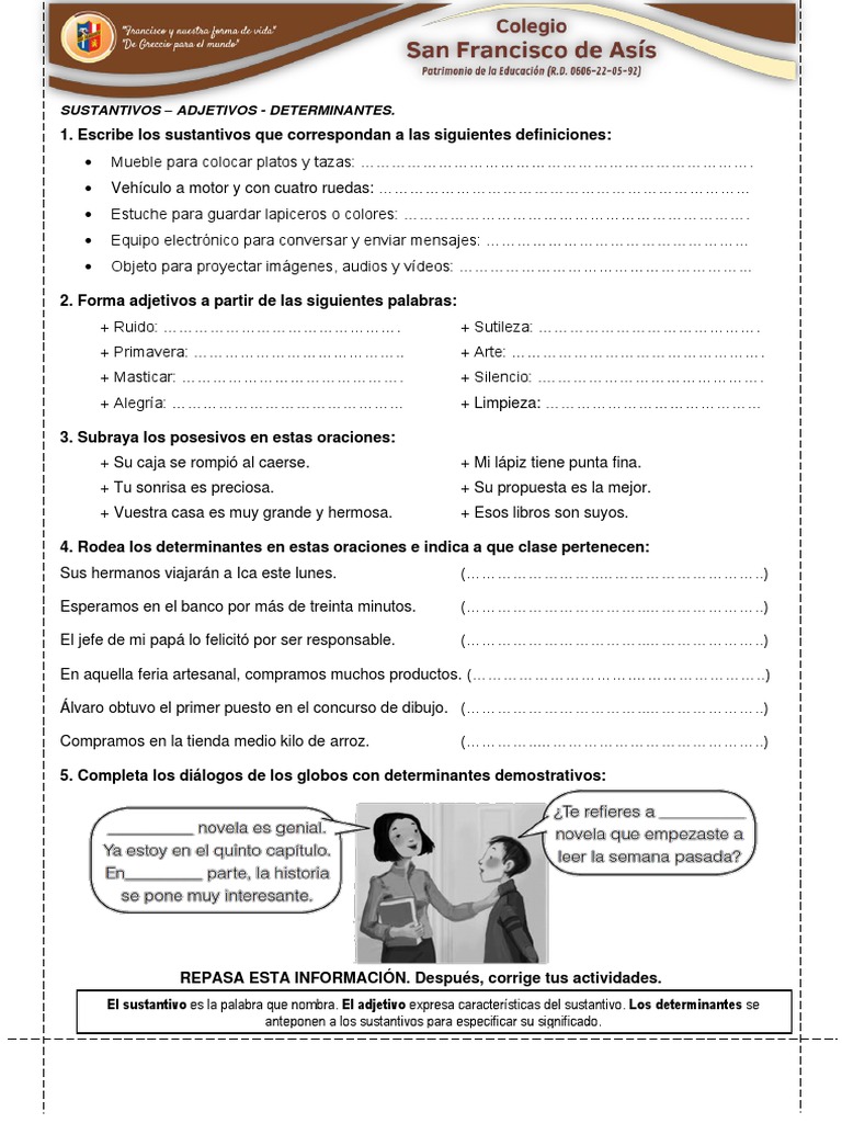 Ficha SUSTANTIVOS ADJETIVOS DETERMINANTES 6° 2023 | PDF | Arte