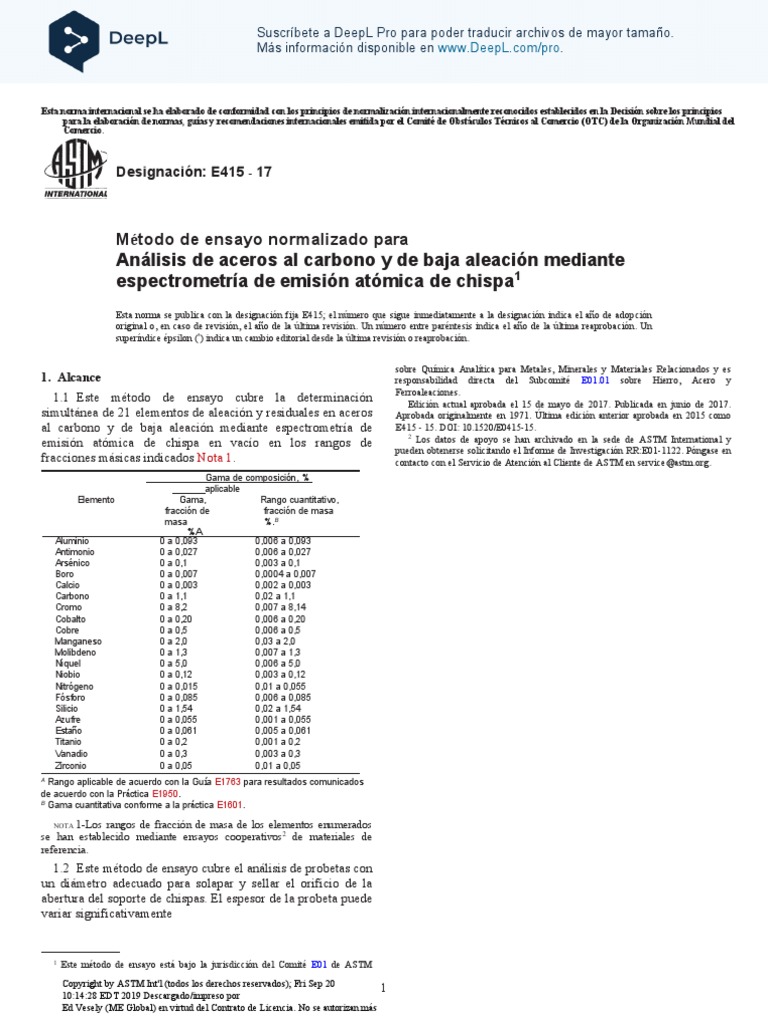 ASTM E415 Ensayo de normalizado para análisis de aceros al carbono y de baja aleación | PDF ...
