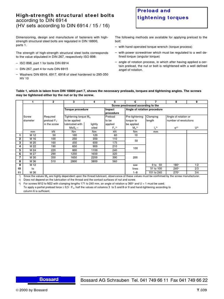 DIN 6914 Preload and Tightening Torques | PDF