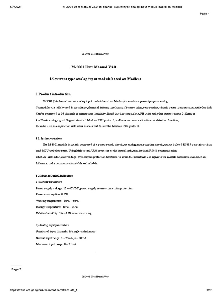 M-3001 User Manual V3.0 16-Channel Current Type Analog Input Module Based On Modbus | PDF