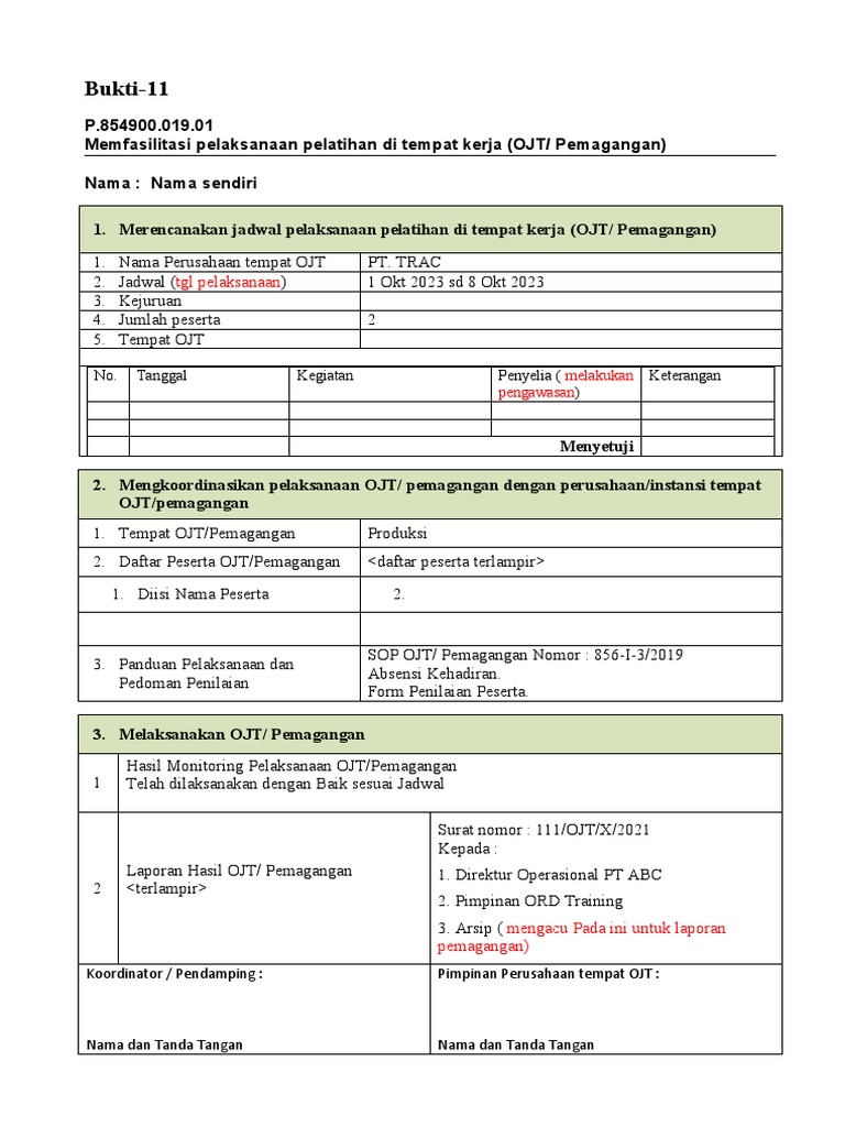 BUKTI UNIT-11 K4 P.854900.019.01 Memfasilitasi Pelaksanaan Pelatihan Di Tempat Kerja (OJT) | PDF