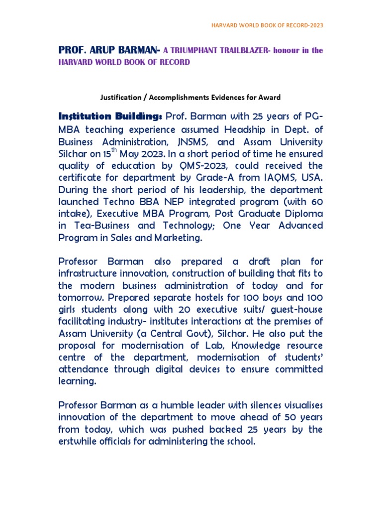 Prof Arup Barman in Harvard World Book of Record, JUNE 2023 | PDF