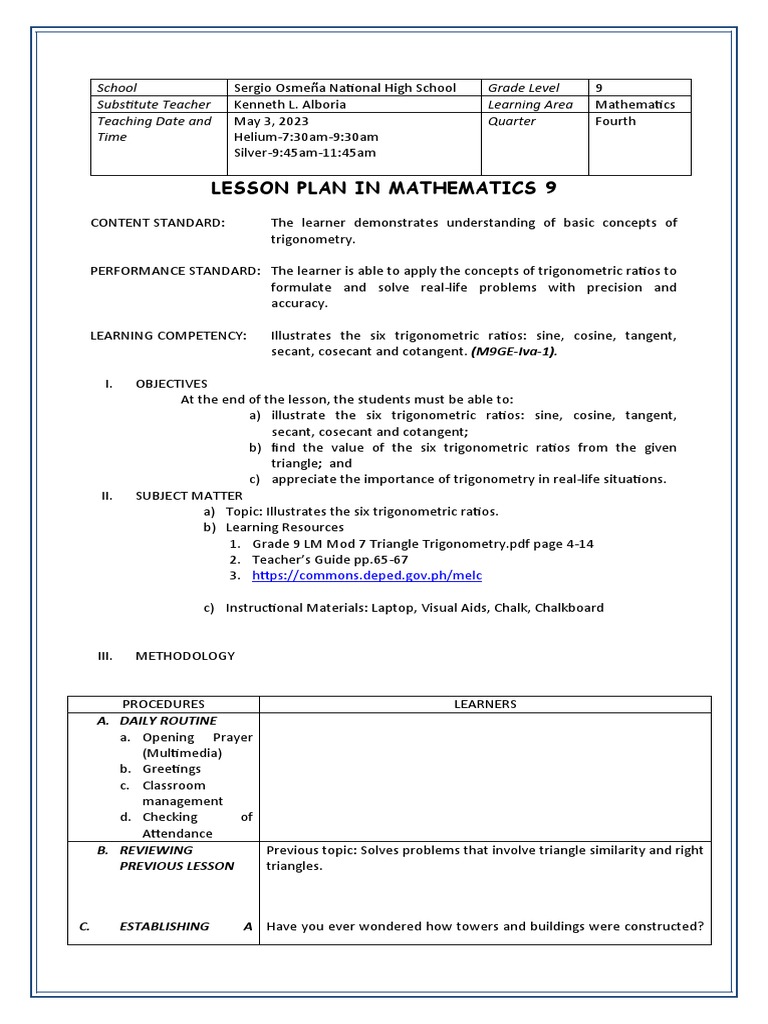 Lesson Plan - May 3,2023-Trigonometric Ratios | PDF | Trigonometric ...