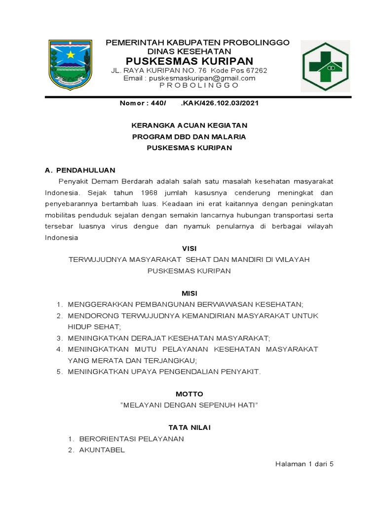 KERANGKA ACUAN KEGIATAN DBD Dan Malaria 2021 | PDF
