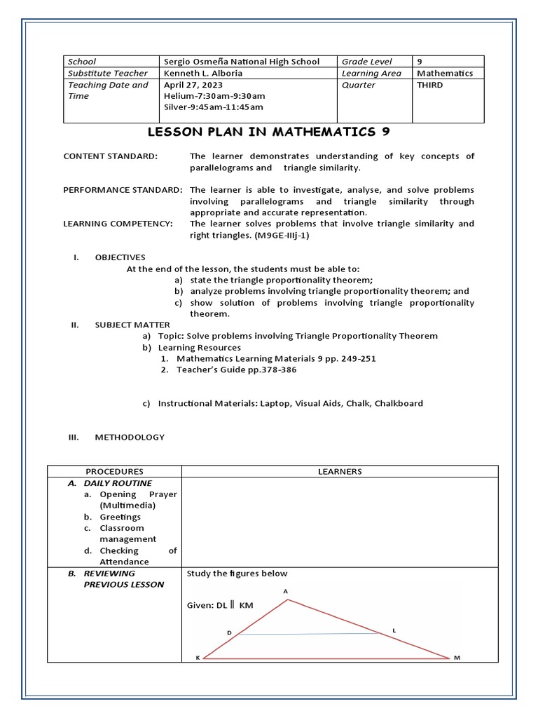 Lesson Plan - April 27,2023-Triangle Proportionality Theorem | PDF