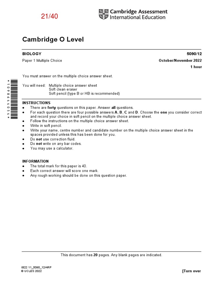5090 - w22 - QP - 12 Biology O-Level Pyp | PDF | Heart | Vein