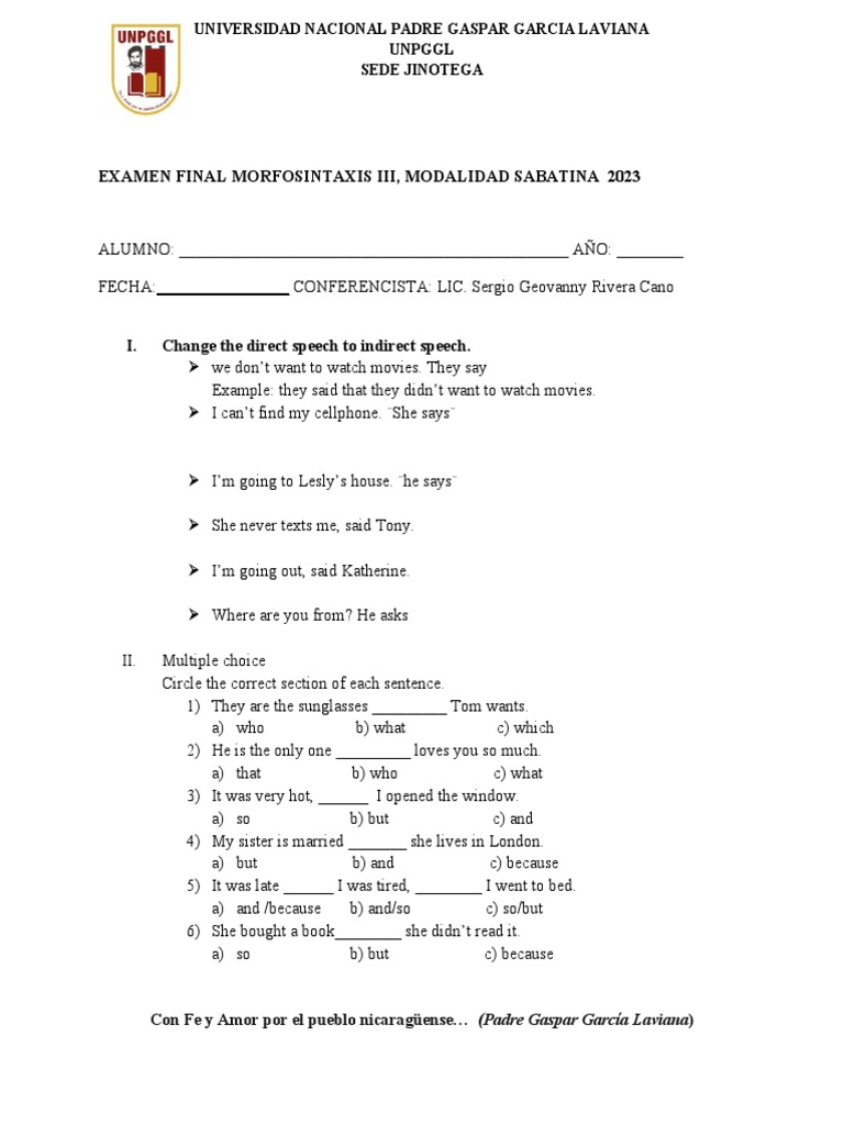 Examen Final Morfo Ingles Ii | PDF