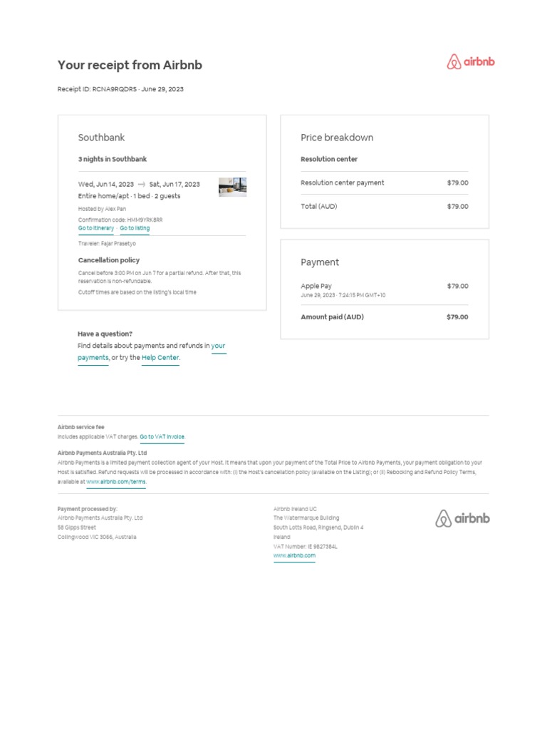 Airbnb Travel Receipt RCNA9RQDRS | PDF