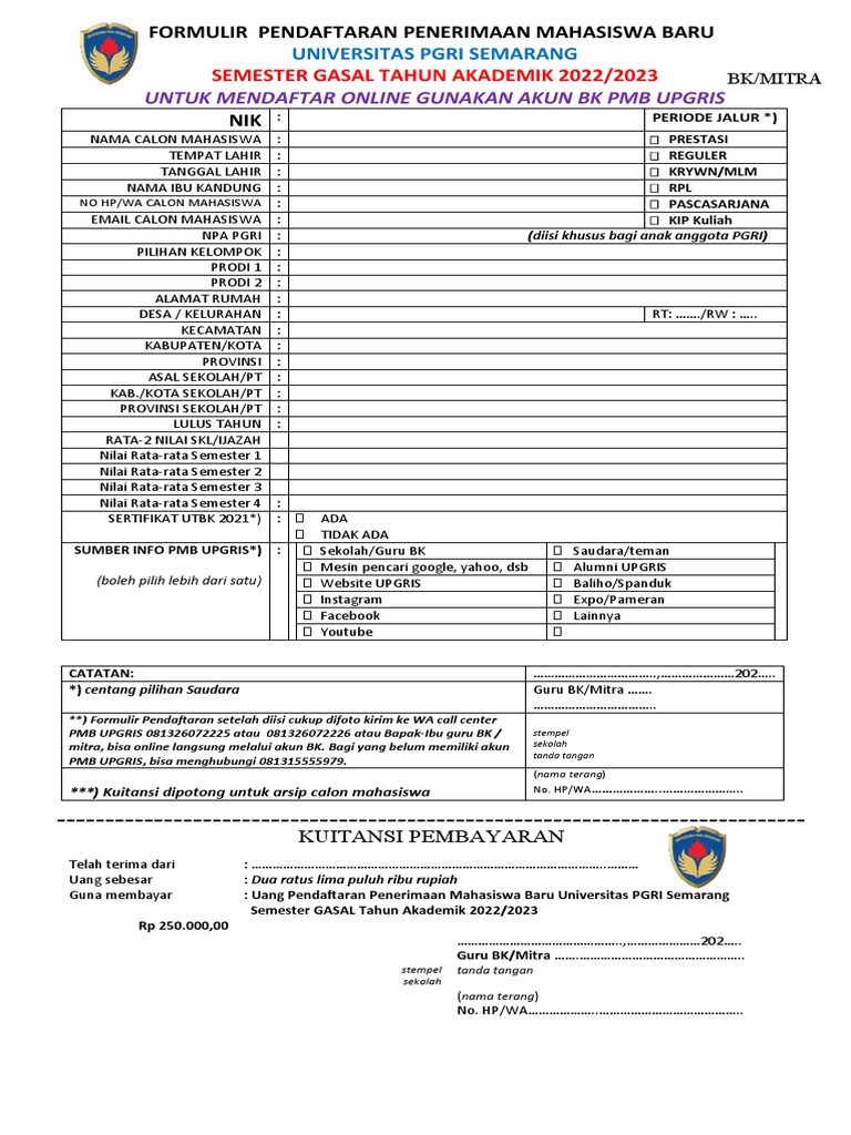 2022.1 UPGRIS Kuitansi & FORM PENDAFTARAN PMB | PDF