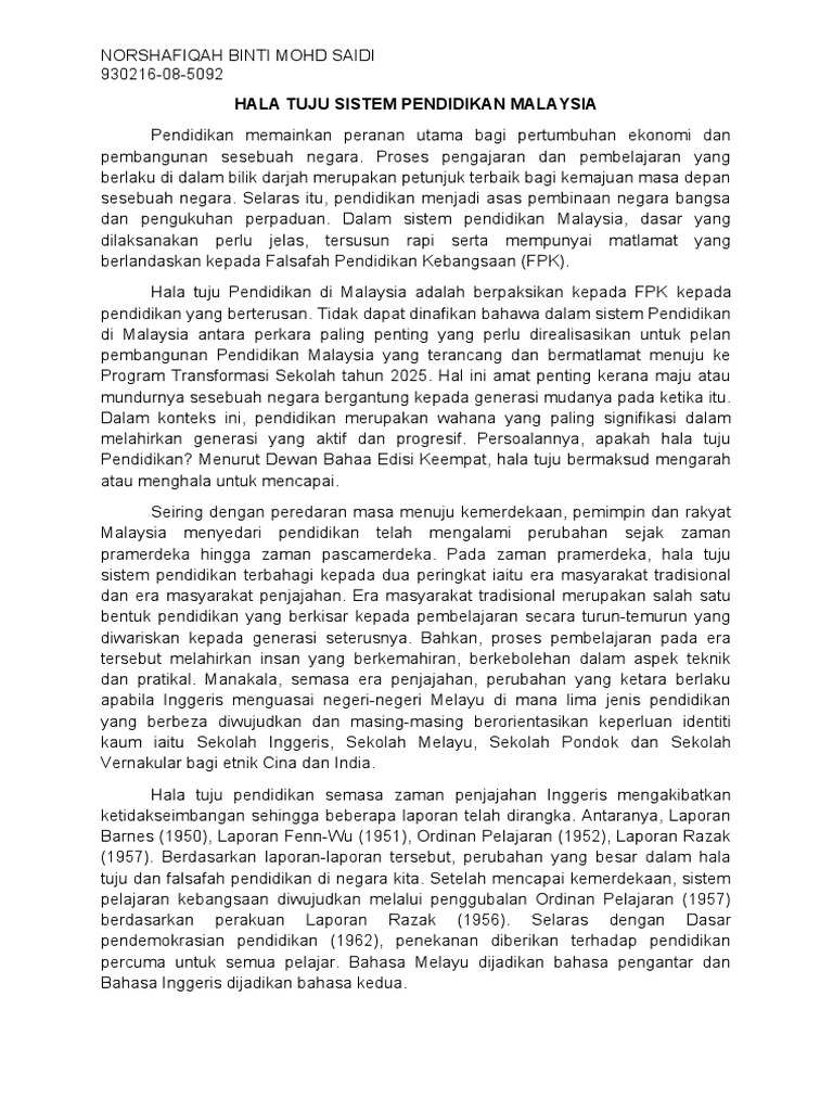HALA TUJU SISTEM PENDIDIKAN MALAYSIA (TUGASAN 3) Esei Pendek | PDF