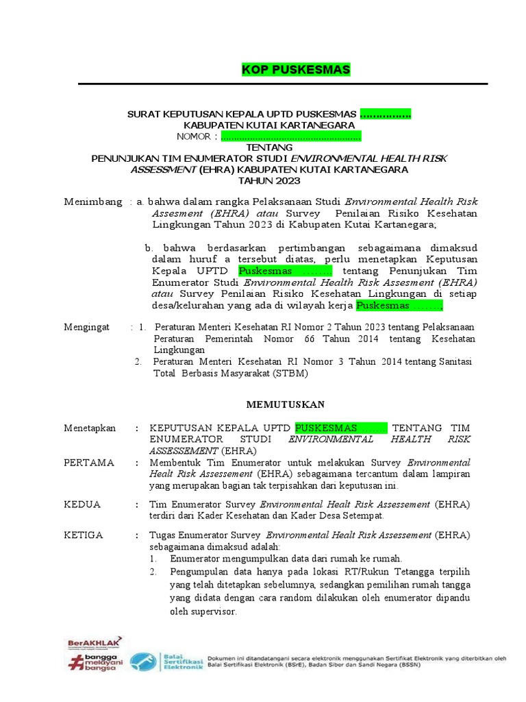 Contoh PKM MUara Badak SK Enumerator EHRA Tahun 2023 | PDF