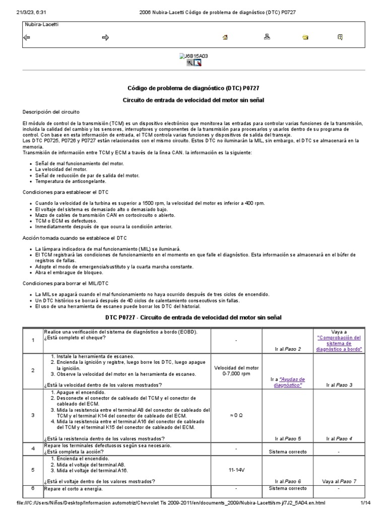 2006 Nubira-Lacetti Código de Problema de Diagnóstico (DTC) P0727 | PDF