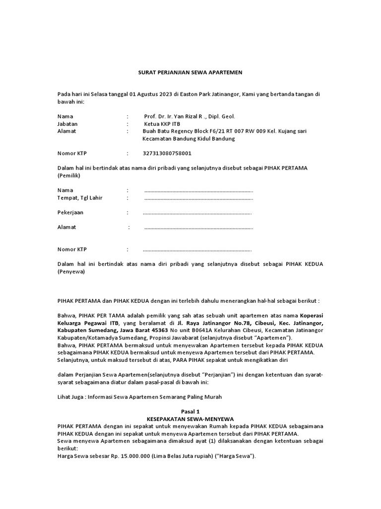 Surat Perjanjian Sewa Apartemen Pdf