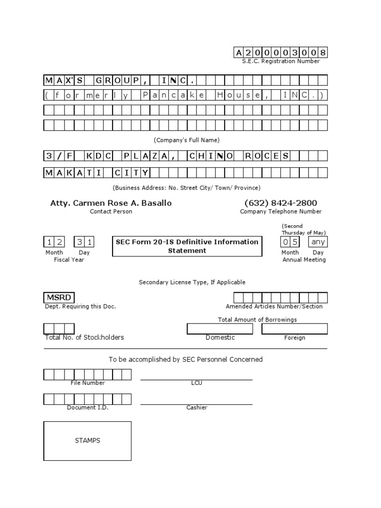 Max's Group, Inc. - SEC Form 20 IS-A Definitive Information Sheet ...