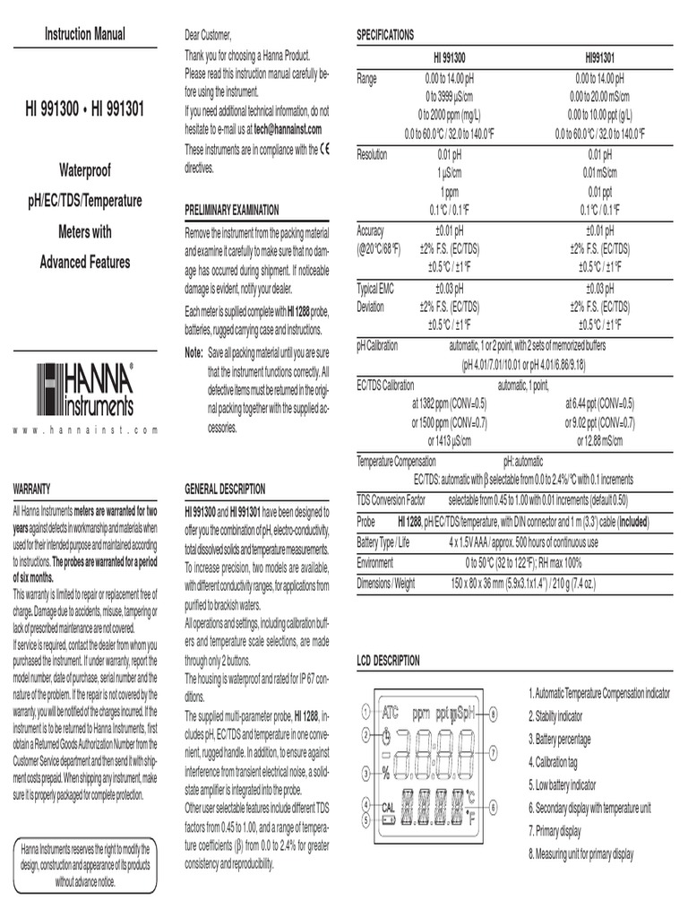 HI 991300 - HI 991301: Waterproof pH/EC/TDS/Temperature Meters With ...