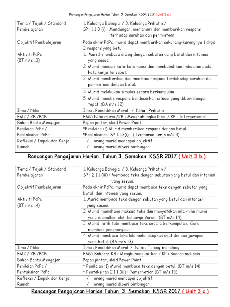 RPH BM Tahun Tiga Unit 3 | PDF