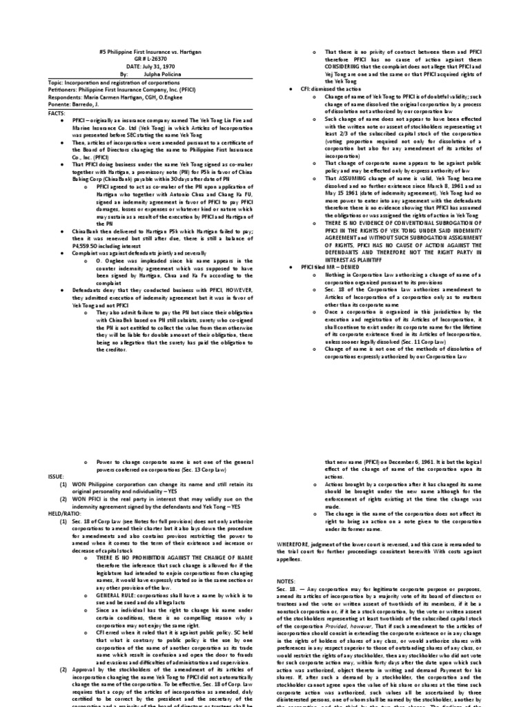 Philippine First Insurance vs. Hartigan | PDF | Corporations | Indemnity
