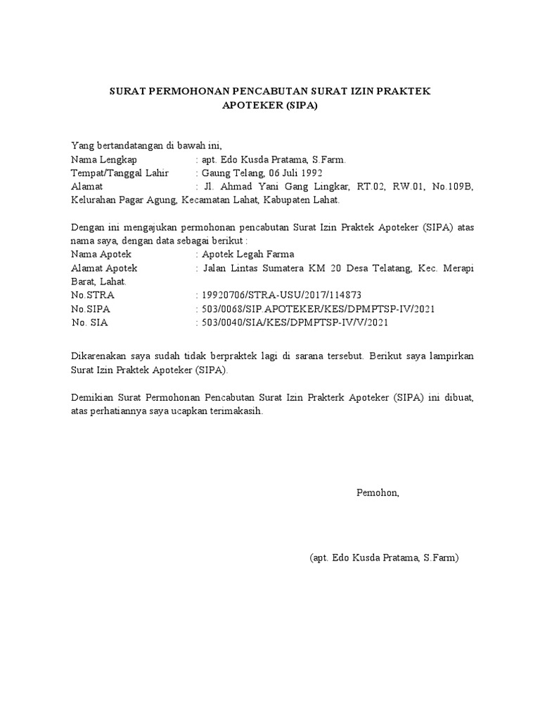 Surat Permohonan Pencabutan Surat Izin Praktek Apoteker | PDF
