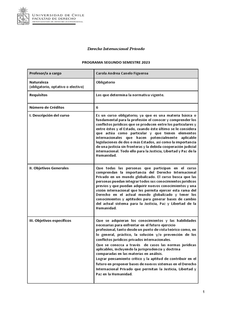 Programa Prof. Carola Canelo Derecho Internacional Privado Segundo Semestre 2023 Modelo de ...