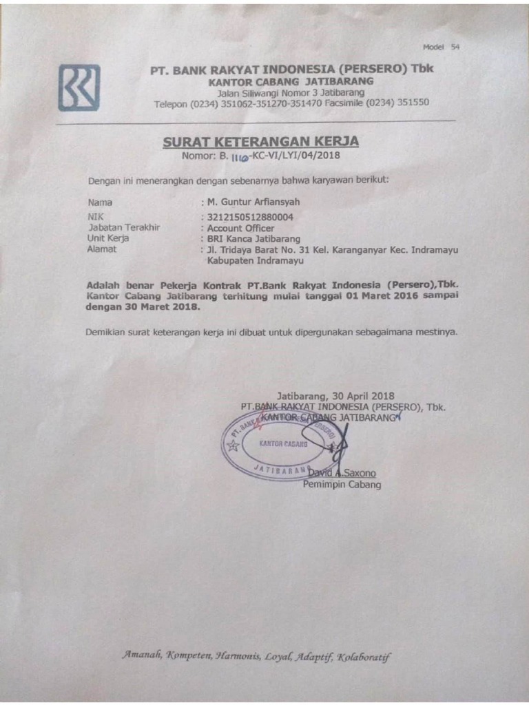 Surat Keterangan Kerja BRI 2018 | PDF