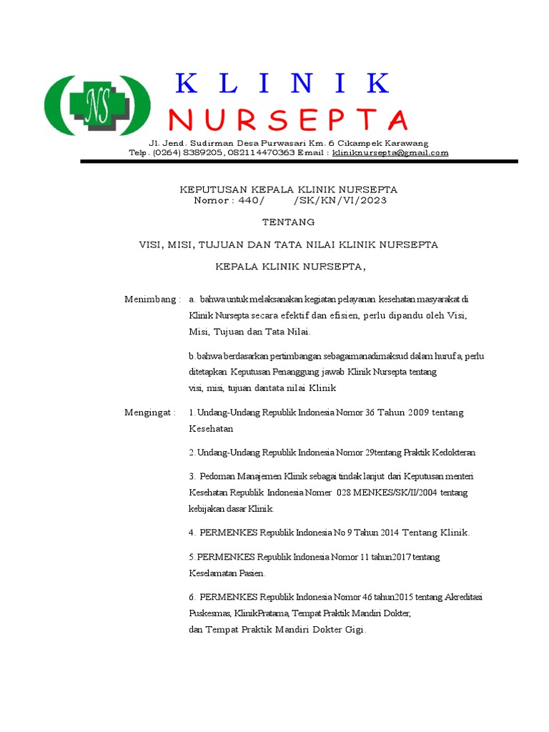 SK Visi Misi Tujuan Tata Nilai | PDF | Kesehatan Holistik