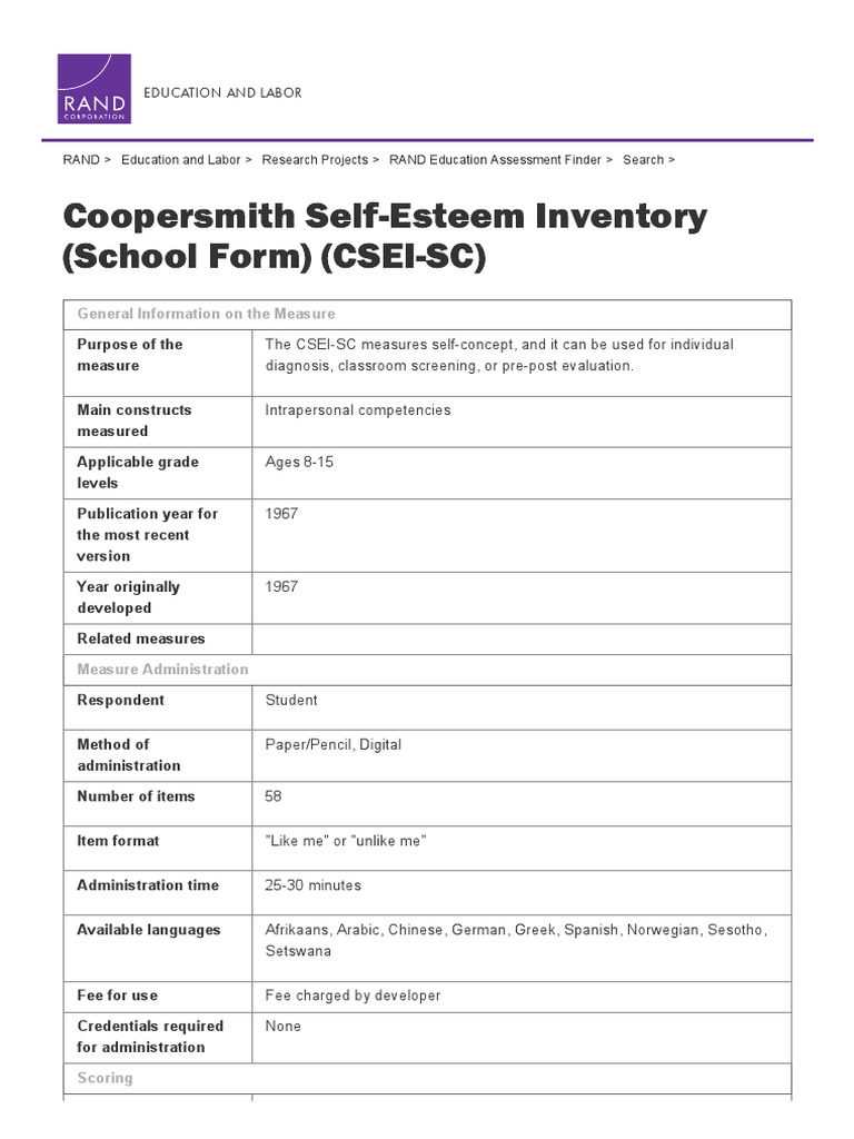Coopersmith Self-Esteem Inventory (School Form) (CSEI-SC) - RAND | PDF | Self Esteem | Psychology